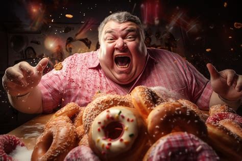 Premium Photo Fat Man Eats Big Sweet Donuts