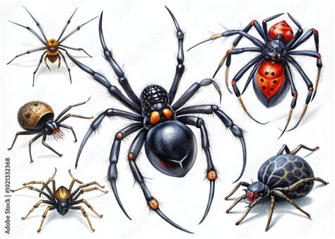 Detailed Drawings Of Black Widow Spiders In Various Poses And