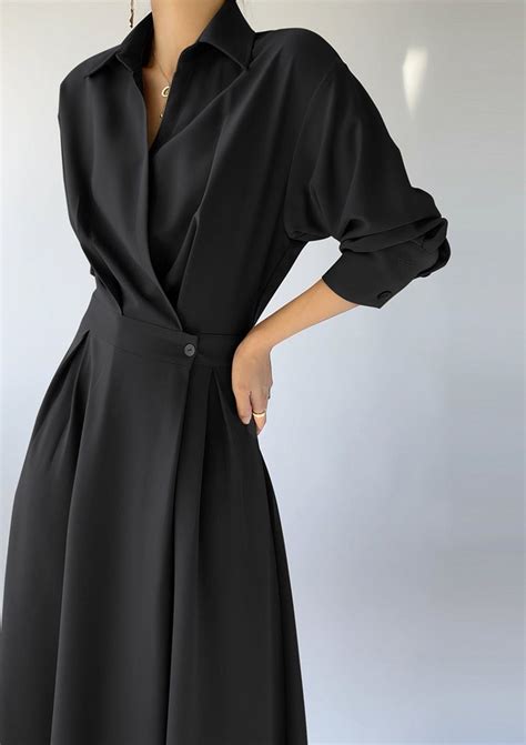 Black Midi Shirt Dress Long Sleeve Shirt Dress Loose Fitting Dress