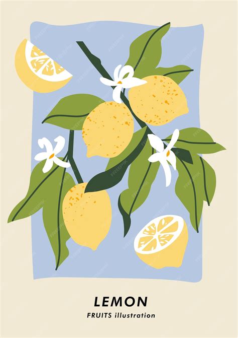 엽서 벽 아트 배너 배경 및 표지에 대 한 레몬 과일 아트와 벡터 일러스트 레이 션 식물 포스터 프리미엄 벡터