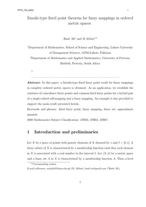 Pdf Suzuki Type Fixed Point Theorem For Fuzzy Mappings In Ordered