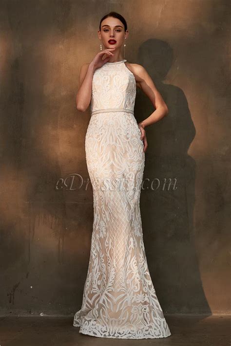 Beige Halter Lace Applique Wedding Bridal Dress 01201207 Edressit