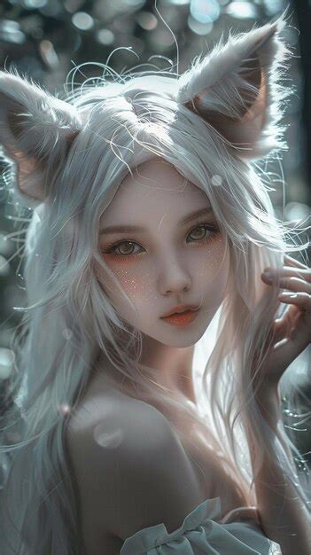 Chica De Anime Con Cabello Blanco Y Orejas Con Una Oreja De Gato