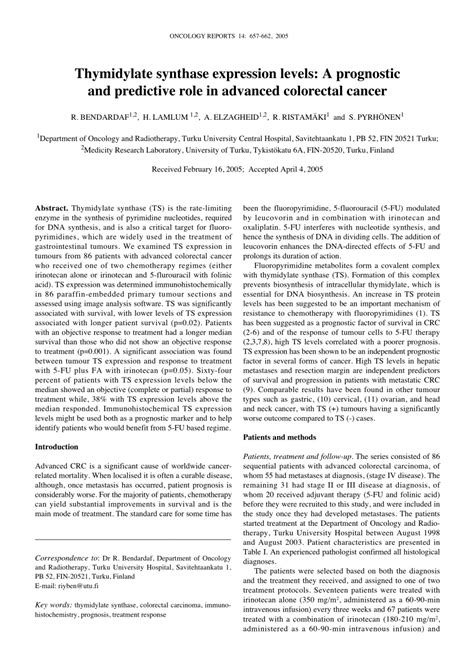 Pdf Thymidylate Synthase Expression Levels A Prognostic And Predictive Role In Advanced