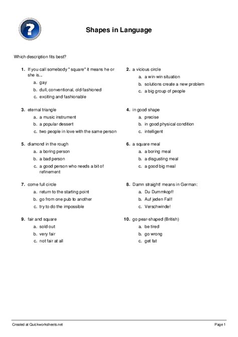 Shapes In Language Multiple Choice Worksheet Quickworksheets