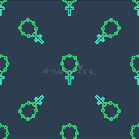 Line Rosary Beads Religion Icon Isolated Seamless Pattern On Blue Background Vector Stock