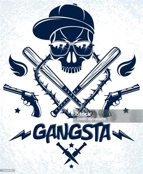 공격적인 두개골 야구 박쥐와 다른 무기와 디자인 요소 벡터 범죄 게토 빈티지 스타일 갱스터 무정부 또는 마피아 테마와 갱스터 엠블럼 또는 문신 Revolution에 대한