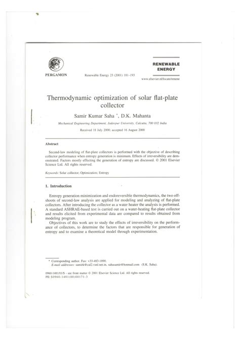 Pdf Thermodynamic Optimization Of Solar Flat Plate Collector