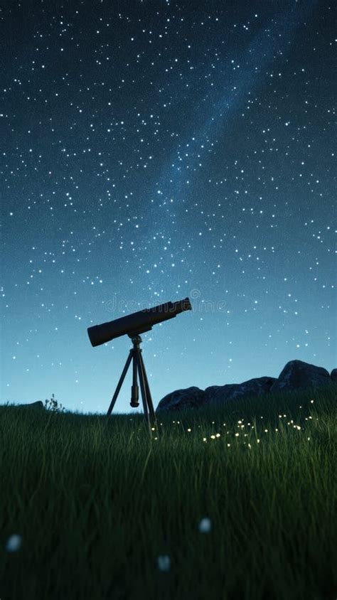 Telescope Silhouetted Against A Starry Night Sky In A Serene Grassy Field Ai Stock Image