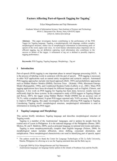 Factors Affecting Part Of Speech Tagging For Tagalog