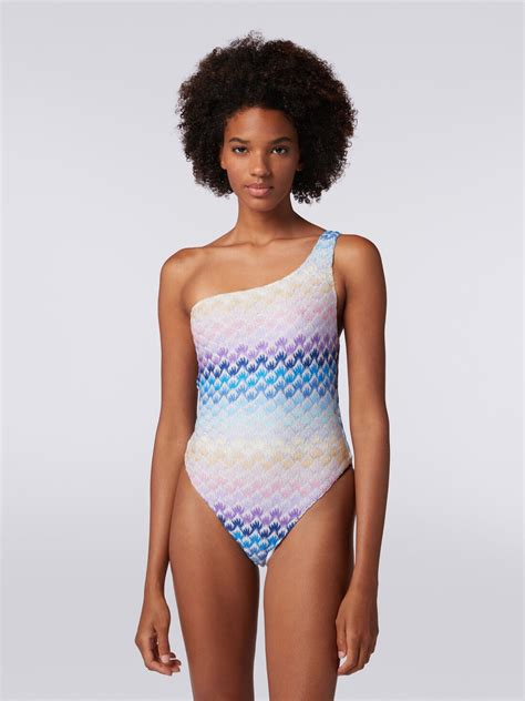 Lace Effect One Shoulder One Piece Swimming Costume With Lurex