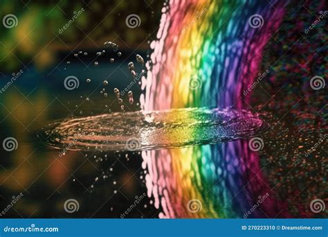 Abstract Reflection Background With Water And Rainbows Flowing Gold Liquid With Prism Colors