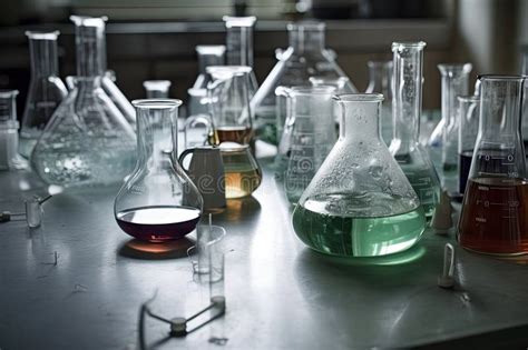 Close Up Of Beakers And Flasks On A Science Lab Table Stock