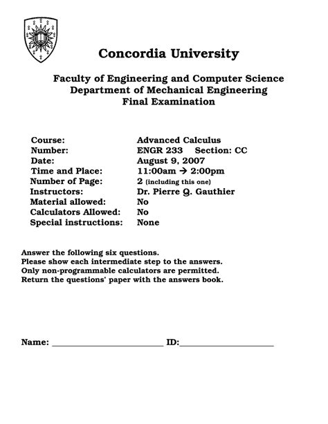 Engr 233 Final 2007 S Concordia University Faculty Of Engineering And Computer Science