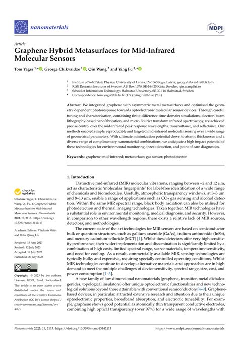 Pdf Graphene Hybrid Metasurfaces For Mid Infrared Molecular Sensors