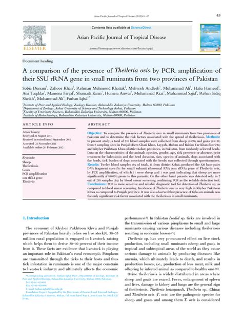 Durrani2012 Theileria Ovis Pdf Polymerase Chain Reaction Dna Sequencing