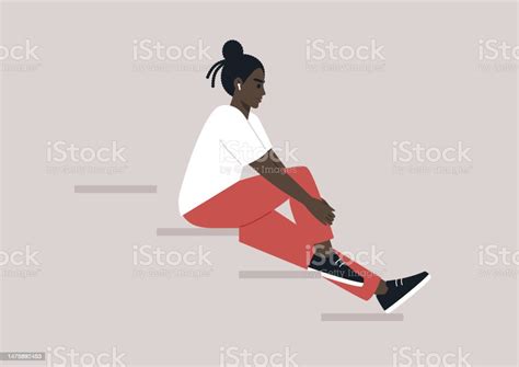 젊은 여성 아프리카 캐릭터가 계단에 앉아 이어폰을 통해 흐르는 음악에 길을 잃었다 Dj에 대한 스톡 벡터 아트 및 기타 이미지 Dj 거리 계단 Istock