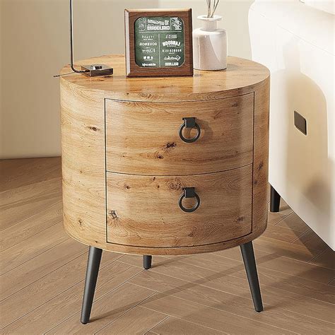 Round Side Table With Drawers Modern Night Stand With Storage Wooden