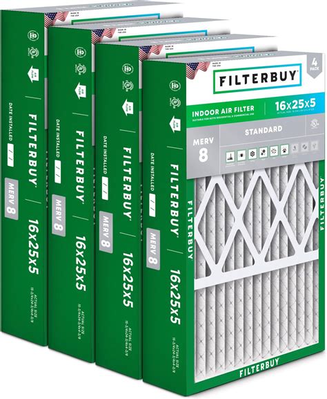 Filterbuy 16x25x5 Air Filter Merv 8 Dust Defense 4 Pack Pleated Hvac