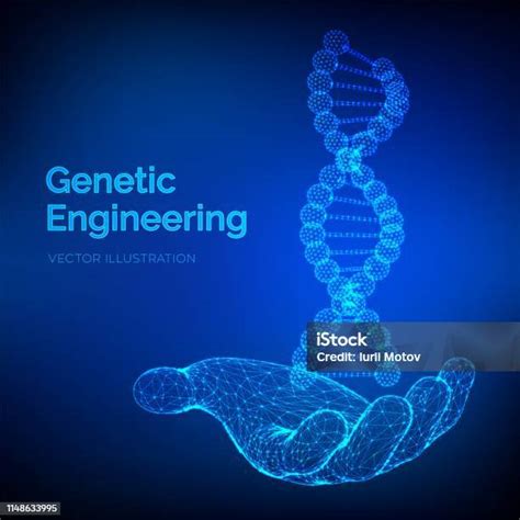 Dna 서 열을 손에 와이어 프레임 Dna 분자 구조 메쉬 Dna 코드 편집 가능한 템플릿입니다 과학 및 기술 개념입니다 벡터 일러스트입니다 Dna에 대한 스톡 벡터 아트