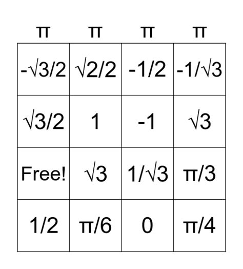 Trig Exact Values Bingo Card
