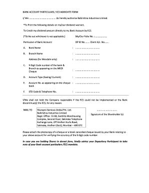 Fillable Online BANK ACCOUNT PARTICULARS ECS MANDATE FORM I BKT Fax Email Print PdfFiller
