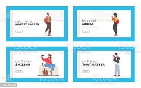 휴대 전화 청소년 스마트 폰 통신 방문 페이지 템플릿 세트와 젊은 문자 휴대폰을 들고 있는 청소년 등장인물에 대한 스톡 벡터