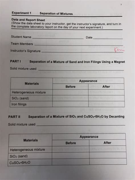 Experiment 1 Separation Of Mixtures Data And Repor