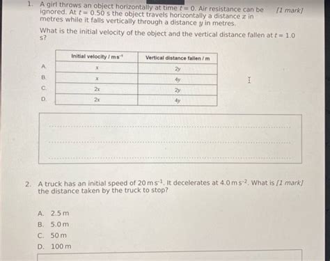 A Girl Throws An Object Horizontally At Time T0 Air Resistance Can Be