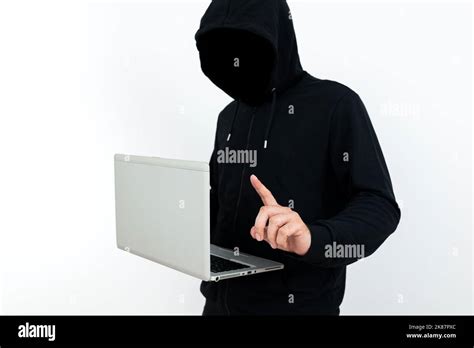 Man Standing With Laptop Presenting Cyber Security Businessman Thinking Deeply For Information