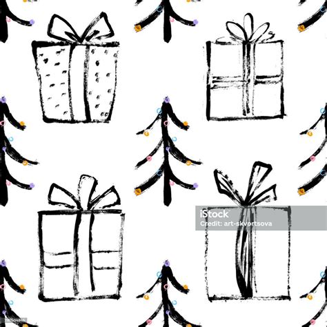 크리스마스 트리와 선물 상자와 원활한 손으로 그린 패턴 디자인에 대한 벡터 그림입니다 배경 화면 패턴 채우기 웹 페이지 배경 표면 텍스처 직물에 적합합니다 0명에 대한 스톡