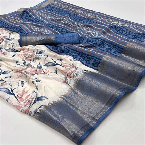White And Blue Floral Printed Dola Silk Saree With Woven Border