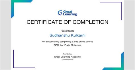 Sql For Data Science Course Completion Certificate For Sudhanshu