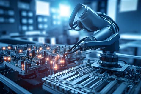 Robotic Arm Assembles Electronic Components On A Circuit Board Ai Generated Stock Illustration