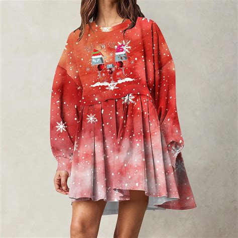 Aueoeo Womens Christmas Printed Tunic Dress Casual Holiday Tunic Tops