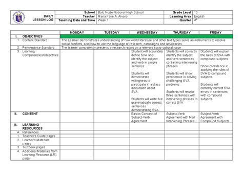 Ddl Week 1 4 Detailed Lesson Plan Daily Lesson Log School Bolo Norte National High School