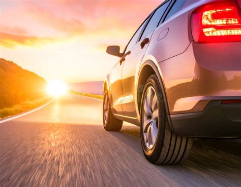 Dynamic Highway Sunset With Car Driving Towards Radiant Sun On Horizon