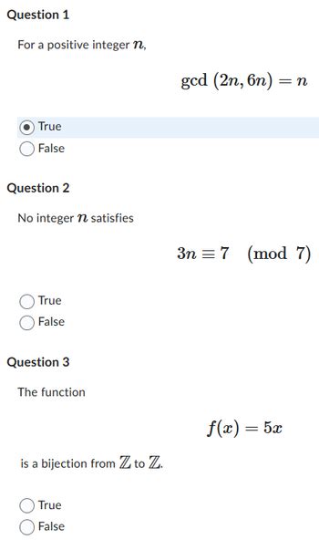 answered question 1 for a positive integer n true false gcd 2n 6n
