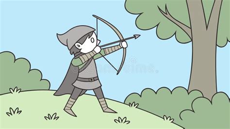 Cartoon Archer Character Aiming A Bow In The Green Woods Vector Design