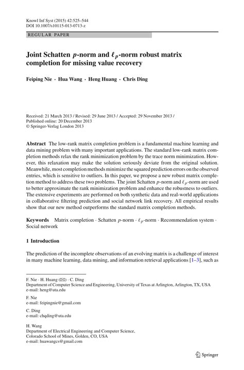 Pdf Joint Schatten Norm And Norm Robust Matrix Completion For Missing Value Recovery