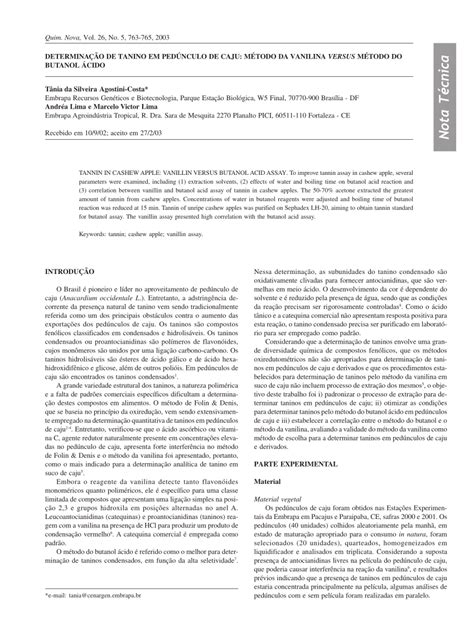Pdf Tannin In Cashew Apple Vanillin Versus Butanol Acid Assay