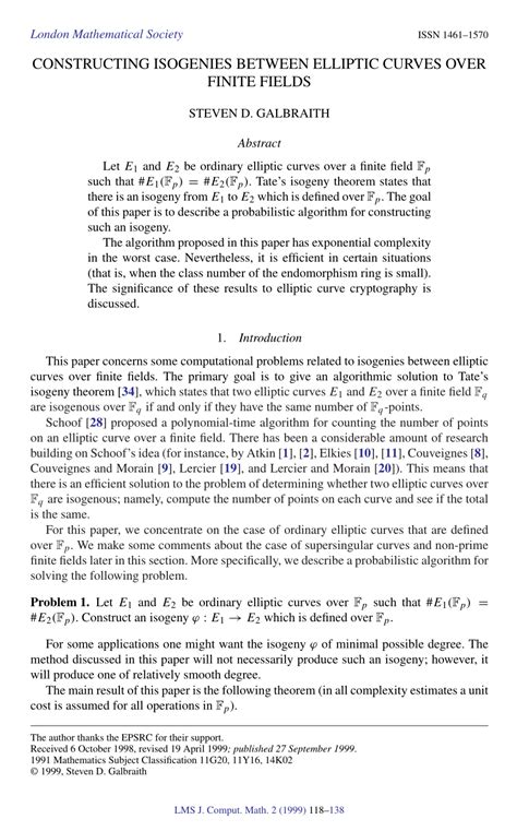 Pdf Constructing Isogenies Between Elliptic Curves Over Finite Fields