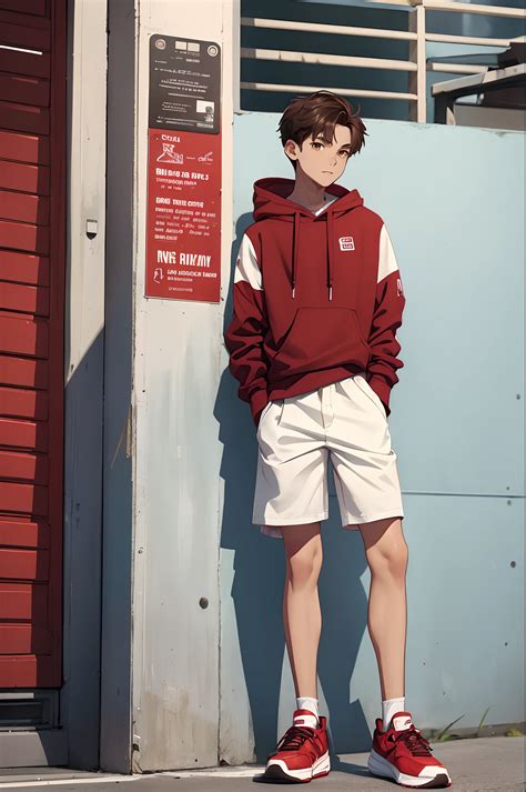 붉은 후드티와 흰색 반바지를 입고 벽에 기대어 있는 아라페드 남자 Seaart Ai