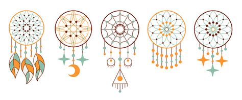 추상적인 양식화된 장식용 보헤미안 드림캐쳐 세트 실내 장식 포스터 의류 장식 흰색 배경에 평평하게 격리된 그림 드림캐쳐에 대한 스톡 벡터 아트 및 기타 이미지 Istock