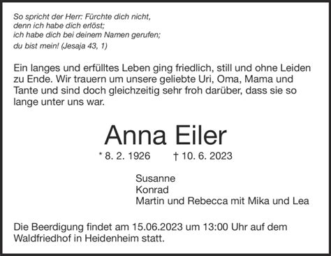 Traueranzeigen Von Anna Eiler Trauer Hz De