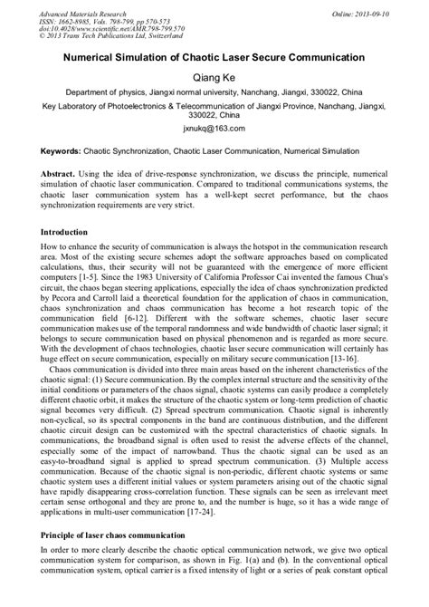 Numerical Simulation Of Chaotic Laser Secure Communication Scientificnet