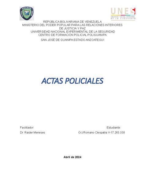 Actas Policiales RepÚblica Bolivariana De Venezuela Ministerio Del