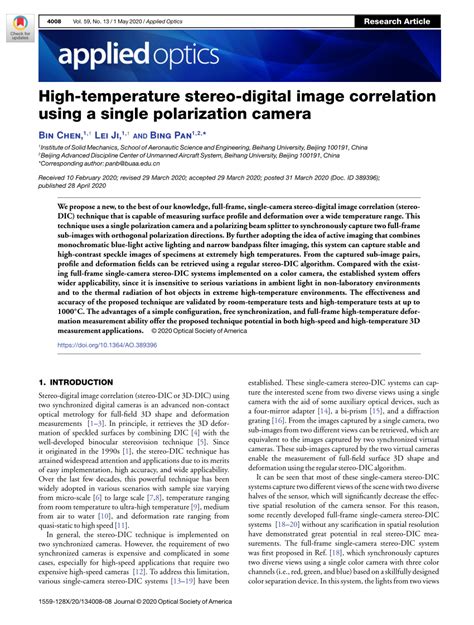 High Temperature Stereo Digital Image Correlation Using A Single Polarization Camera Request Pdf