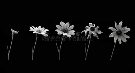 Monochrome Evolution Of Flowers Five Stages Of Bloom Against Black