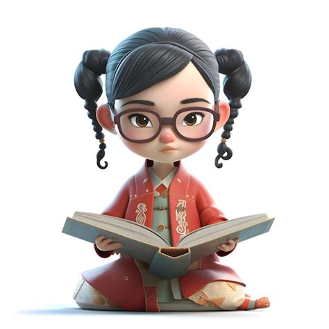 Premium Ai Image 3d Rendering Of A Cute Asian Girl Reading A Book Isolated On White Background
